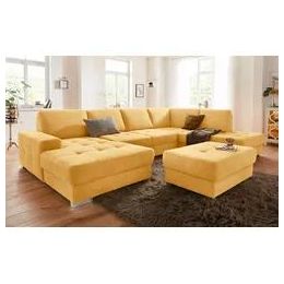 Sit & More Wohnlandschaft SIT & MORE "Santorini U-Form", gelb (senf), B:340cm H:82cm T:224cm, Luxus-Microfaser ALTARA NUBUCK (100% Polyester) / Struktur (100% Polyester);Flachgewebe (100% Polyester) / Struktur (100% Polyester), Sofas, Wohnlandschaft, mit Federkern und Sitztiefenverstellung, wahlweise mit Bettfunktion