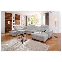 Wohnlandschaft Home Affaire "Mauritius U-Form", silber, B:354cm T:232cm, Struktur fein (100% Polyester);Luxus-Microfaser Lederoptik (100% Polyester);Soft clean (98% Polyester, 2% Polyamid), Sofas, Wohnlandschaft, mit Kopfteil- und Armlehnverstellung, wahlweise mit Bettfunktion