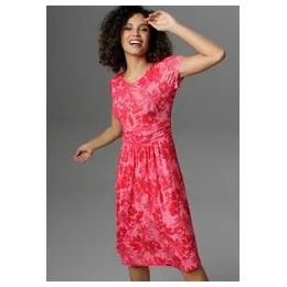 Sommerkleid Aniston SELECTED, Damen, Gr. 48, N-Gr, pink (pink, rot), Single Jersey, Obermaterial: 95% Viskose, 5% Elasthan, bedruckt, gebl&uuml;mt, figurbetont knieumspielend, Rundhals, Kleider Strandkleid, mit Palmen und Bl&uuml;ten in Knallfarbe