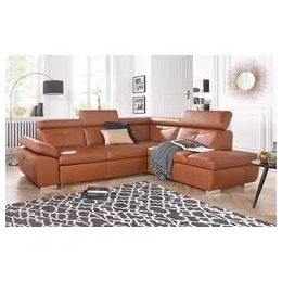 Ecksofa exxpo - SOFA FASHION "Spring, super bequem und komfortabel mit Armteil- und Kopfteilfunktion", braun (cognac), B:274cm H:81cm T:206cm, NaturLEDER (echtes Rindsleder) in Sitz und R&uuml;cken. Korpus in passendem Kunstleder SOFTLUX bezogen;Luxus-Microfaser (100% Polyester);Struktur ( 100% Polyester), Sofas, Ecksofa, wahlweise mit Bettfunktion und Bettkasten, L-Form