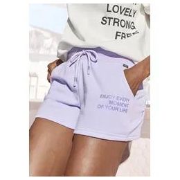 Sweatshorts Buffalo, Damen, Gr. 32/34, N-Gr, lila (lavendel), angeraute Sweatware, Obermaterial: 60% Baumwolle, 40% Polyester, unifarben, bequem kurz, Hosen Sweatshorts, mit Statement Druck, Loungewear