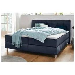 Boxspringbett Home Affaire "Salo XXL", blau, B:214cm L:231cm, Komplettbetten, Boxspringbett, in Samtoptik oder Struktur, 6 Breiten in &Uuml;berl&auml;nge 220cm, 4 H&auml;rtegrade