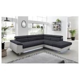 Ecksofa COTTA "Komaris L-Form, B: 249 cm", grau (argent, schwarz), B:249cm H:72cm T:100cm, Microfaser PRIMABELLE (100% Polyester);Kunstleder SOFTLUX;Feinstruktur (100% Polyester);Kunstleder SOFTLUX/Struktur (100% Polyester);NaturLEDER, Sofas, Ecksofa, mit Kopfteilverstellung, optional Bettfunktion, Bettkasten & Licht