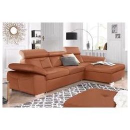 Ecksofa exxpo - SOFA FASHION "Spring, super bequem, mit Armteil- und Kopfteilfunktion", braun (cognac), B:284cm H:81cm T:181cm, Luxus-Microfaser (100% Polyester);Struktur (100% Polyester);NaturLEDER (echtes Rindsleder) in Sitz und R&uuml;cken. Korpus in passendem Kunstleder SOFTLUX bezogen, Sofas, Ecksofa, L-Form, wahlweise mit Bettfunktion und Bettkasten