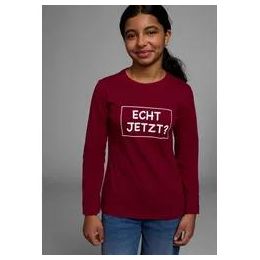 Langarmshirt Kidsworld "ECHT JETZT?", M&auml;dchen, Gr. 140/146, rot (bordeaux), Single Jersey, Obermaterial: 100% Baumwolle, bedruckt, Basic, Rundhals, Shirts Langarmshirt, Langarm, Basic-Passform, mit peppigem und dynamischem Aufdruck