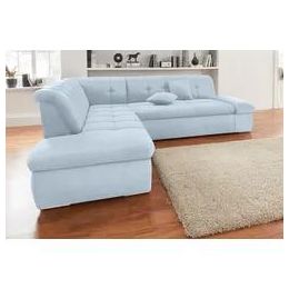 Ecksofa DOMO collection "NMoric incl. Zierkissen B/T/H: 273/216/80 cm L-Form", blau (pastelblau), B:273cm H:80cm T:216cm, Chenille (85% Polyester, 15% Acryl);Luxus-Microfaser (100% Polyester);Struktur ( 100% Polyester);Microfaser PRIMABELLE (100% Polyester), Sofas, Ecksofa, Ottomanen-Abschluss, wahlweise mit Bettfunktion und Armlehnverstellung