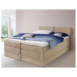 Boxspringbett Hapo, beige (beige, strukturstoff), Liegefl&auml;che B/L: 200cm x 200cm, kein H&auml;rtegrad, 7-Zonen-Kaltschaummatratze, Kopfteil, seitliche Unterbox und Obermatratze sind mit pflegeleichtem Feinstrukturstoff in Leinenoptik (100% Polyester) oder Kunstleder bezogen;Die Oberseite der Unterfederung und die Ober- und Unterseite der Obermatratze sind jeweils mit einem rutschhemmenden Stoff aus 100