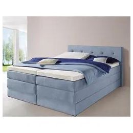 Boxspringbett Hapo, blau (hellblau), Liegefl&auml;che B/L: 160cm x 200cm, kein H&auml;rtegrad, Bonnell-Federkernmatratze, Kopfteil, seitliche Unterbox und Obermatratze sind mit pflegeleichtem Feinstrukturstoff in Leinenoptik (100% Polyester) bezogen;Die Oberseite der Unterfederung und die Ober- und Unterseite der Obermatratze sind jeweils mit einem rutschhemmenden Stoff aus 100% Polyester bespannt., Komplet