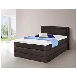 Boxspringbett Hapo, braun, Liegefl&auml;che B/L: 140cm x 200cm, kein H&auml;rtegrad, 7-Zonen-Tonnentaschen-Federkernmatratze, Kopfteil, seitliche Unterbox und Obermatratze sind mit pflegeleichtem Feinstrukturstoff in Leinenoptik (100% Polyester) bezogen;Die Oberseite der Unterfederung und die Ober- und Unterseite der Obermatratze sind jeweils mit einem rutschhemmenden Stoff aus 100% Polyester bespannt., Kom