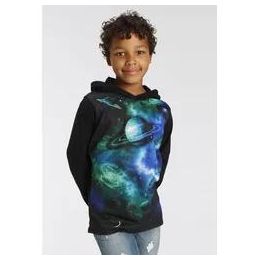 Kapuzenshirt Kidsworld "UNIVERSUM -Fotoprint", Jungen, Gr. 152/158, schwarz, Jersey, Obermaterial: 100% Baumwolle. Kapuzenfutter: 100% Baumwolle. Vorderteil: 100% Polyester, bedruckt, Basic, Shirts Kapuzenshirt, Langarm, Basic-Passform, mit trendigem Druck, aus Jerseystoff