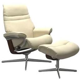 Relaxsessel stressless "Sunrise", beige (vanilla paloma), B:83cm H:105cm T:74cm, Leder PALOMA: PALOMA ist ein durchgef&auml;rbtes Semianilin-M&ouml;belleder mit nat&uuml;rlicher Narbung., Sessel, Relaxsessel, mit Hocker, mit Cross Base, Gr&ouml;&szlig;e S, M & L, Holzakzent Braun