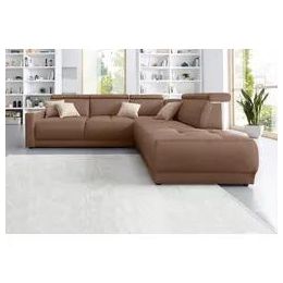 Ecksofa DOMO collection "Ava, moderne Sitzheftung mit toller Doppelnaht, komfortabel, L-Form", braun (espresso), B:266cm H:84cm T:99cm, Kunstleder SOFTLUX;Struktur fein (100% Polyester);Zierkissen: Microfaser PRIMABELLE (100% Polyester);Struktur (100% Polyester);Microfaser PRIMABELLE (100% Polyester), Sofas, Ecksofa, mit Ottomane, inkl. Federkern, wahlweise mit Kopfteilverstellungen