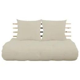 Schlafsofa KARUP DESIGN "Shinsano, futonstil, R&uuml;ckenrahmen und zweiteiligem Kissenset", beige, B:140cm, Sofas, Schlafsofa, aus massivem Kiefernholz, faltbarer Matratze, multifunktional, Scandi
