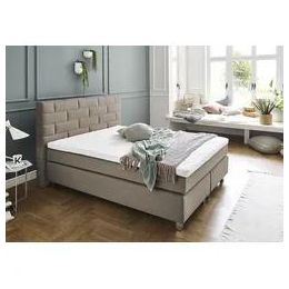 Boxspringbett, beige (schwarz, beige), B:155cm L:210cm, Bezug Bett: Feinstruktur 100% Polyester;Bezug Bonnell-Federkernmatratze: 100% Polyester;Bezug Kaltschaummatratze: 100% Polyester;Bezug Tonnentaschenfederkernmatratze: 80% Baumwolle, 20%Polyester;Topper: Komfortschaum mit Bezug 100% Polyester, Westfalia Schlafkomfort, Komplettbetten, Boxspringbett, mit Topper