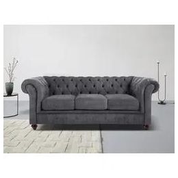 Chesterfield-Sofa Home Affaire "Chesterfield 3-Sitzer B/T/H: 198/89/74 cm", grau (anthrazit), B:198cm H:74cm T:89cm, 100% Polyester, Sofas, mit hochwertiger Knopfheftung, auch in Leder