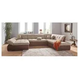 Wohnlandschaft DOMO collection "PB MORIC wahlweise mit Bettfunktion und Armteilverstellung U-Form", braun (braun, braun, beige, beige), B:353cm H:80cm T:95cm, Zierkissen: Struktur (90% Polyester, 10% Polyacryl);Microfaser PRIMABELLE (100% Polyester) / Struktur (90% Polyester, 10% Polyacryl);Kunstleder SOFTLUX / Struktur (90% Polyester, 10% Polyacryl), Sofas, Wohnlandschaft, XXL-Format B/T/H: 353/2