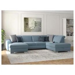 Sit & More Wohnlandschaft SIT & MORE "Dundee U-Form", blau (hellblau), B:338cm H:86cm T:219cm, Sofas, Wohnlandschaft, mit Federkern und Edelstahlf&uuml;&szlig;en, wahlweise mit Kopfteilverstellung