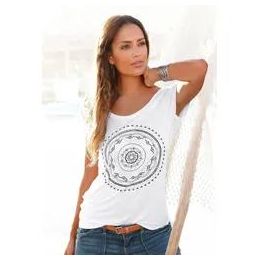 Strandshirt Lascana, Damen, Gr. 36/38, wei&szlig;, Jersey, Obermaterial: 100% Viskose, unifarben, figurumspielend h&uuml;ftlang, Rundhals, Shirts, mit Print und gl&auml;nzendem Effekt, Ethno-Look, casual, Topseller