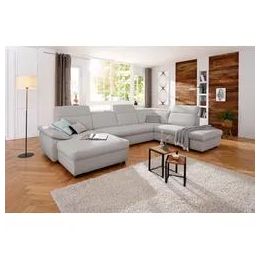 Wohnlandschaft Home Affaire "Mauritius U-Form", silber, B:354cm T:232cm, Struktur fein (100% Polyester);Luxus-Microfaser Lederoptik (100% Polyester);Soft clean (98% Polyester, 2% Polyamid), Sofas, Wohnlandschaft, mit Kopfteil- und Armlehnverstellung, wahlweise mit Bettfunktion
