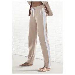 Loungehose BENCH. LOUNGEWEAR, Damen, Gr. 44/46, N-Gr, beige (beige, wei&szlig;), Jersey, Obermaterial: 60% Baumwolle, 40% Polyester, unifarben mit Farbeinsatz, bequem lang, Hosen Loungehose, mit Seitenstreifen und geradem Bein, Loungewear