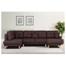 Wohnlandschaft Home Affaire "TRIPLO U-Form wahlweise mit Schlaffunktion, B/T/H: 310/192/90 cm", braun, B:310cm H:90cm T:192cm, 100% Polyester, Sofas, Wohnlandschaft, Schlafsofa, auch mit Bettkasten, Steppung im R&uuml;ckenkissen