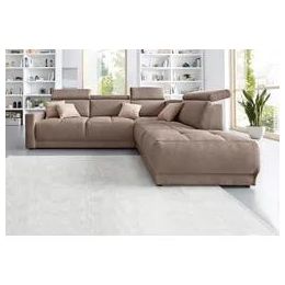 Ecksofa DOMO collection "Ava, moderne Sitzheftung mit toller Doppelnaht, komfortabel, L-Form", beige, B:266cm H:84cm T:99cm, Kunstleder SOFTLUX;Struktur fein (100% Polyester);Zierkissen: Microfaser PRIMABELLE (100% Polyester);Struktur (100% Polyester);Microfaser PRIMABELLE (100% Polyester), Sofas, Ecksofa, mit Ottomane, inkl. Federkern, wahlweise mit Kopfteilverstellungen