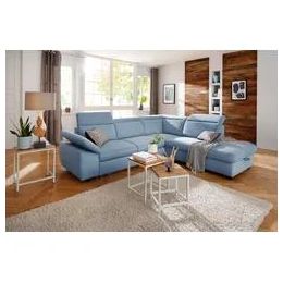 Ecksofa Home Affaire "Mauritius L-Form", blau (hellblau), B:276cm T:232cm, Struktur fein (100% Polyester);Luxus-Microfaser Lederoptik (100% Polyester);Soft clean (98% Polyester, 2% Polyamid), Sofas, Ecksofa, mit Ottomane, mit Kopfteil- und Armlehnverstellung