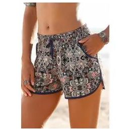 Strandshorts s.Oliver, Damen, Gr. 42, N-Gr, blau (marine, bedruckt), Jersey, Obermaterial: 100% Viskose, bedruckt, normal kurz, Hosen Strandshorts, mit Ethnodruck und Taschen, elastischer Gummizugbund, kurze Hose