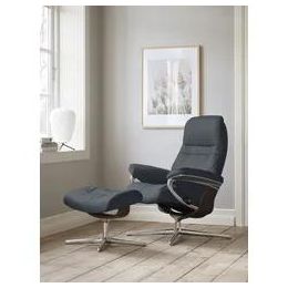Relaxsessel stressless "Sunrise", blau (atlantic blau batick), B:79cm H:103cm T:73cm, Leder BATICK: BATICK ist ein leicht korrigiertes, durchgef&auml;rbtes und genarbtes M&ouml;belleder, bei dem die meisten Unebenheiten und Spuren in der Regel entfernt wurden., Sessel, Relaxsessel, mit Hocker, mit Cross Base, Gr&ouml;&szlig;e S, M & L, Holzakzent Braun