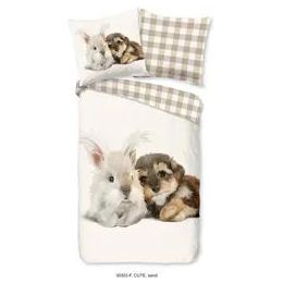 Kinderbettw&auml;sche Good Morning "Cute Rabbit & Dog", beige (sand, natur), B/L: 135cm x 200cm, 1 Stk., 1 Stk., Flanell, B/L: 80cm x 80cm, 2 Stk., Flanell, Obermaterial: 100% Baumwolle, Bettw&auml;sche, Biber, 135x200, Weich, Warm, Rei&szlig;verschluss, Wendeoptik, Kind, Tier