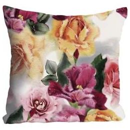 Dekokissen queence "Bl&uuml;ten & Bl&auml;tter", bunt (bunt, bedruckt gebl&uuml;mt), B:40cm L:40cm, Polyester, Dekokissen_Sitzkissen_Kissenh&uuml;llen, Kissenh&uuml;lle ohne F&uuml;llung, 1 St&uuml;ck