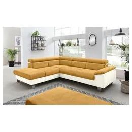 Ecksofa COTTA "Komaris L-Form, B: 249 cm", gelb (creme, senf), B:249cm H:72cm T:100cm, Microfaser PRIMABELLE (100% Polyester);Kunstleder SOFTLUX;Feinstruktur (100% Polyester);Kunstleder SOFTLUX/Struktur (100% Polyester);NaturLEDER, Sofas, Ecksofa, mit Kopfteilverstellung, optional Bettfunktion, Bettkasten & Licht
