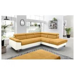Ecksofa COTTA "Komaris L-Form, B: 249 cm", gelb (creme, senf), B:249cm H:72cm T:100cm, Microfaser PRIMABELLE (100% Polyester);Kunstleder SOFTLUX;Feinstruktur (100% Polyester);Kunstleder SOFTLUX/Struktur (100% Polyester);NaturLEDER, Sofas, Ecksofa, mit Kopfteilverstellung, optional Bettfunktion, Bettkasten & Licht