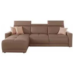 Ecksofa DOMO collection "Ava mit moderner Sitzheftung & toller Doppelnaht, komfortabel, L-Form", braun (espresso), B:262cm H:84cm T:167cm, Kunstleder SOFTLUX;Struktur fein (100% Polyester);Zierkissen: Microfaser PRIMABELLE (100% Polyester);Struktur (100% Polyester);Microfaser PRIMABELLE (100% Polyester), Sofas, Ecksofa, mit Recamiere, inkl. Federkern, wahlweise mit Kopfteilverstellungen