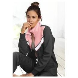 H.I.S. Sweatjacke H.I.S, Damen, Gr. 36/38, bunt (anthrazit, rosa), angeraute Sweatware, Obermaterial: 100% Baumwolle, mehrfarbig, Basic, Basic h&uuml;ftlang, Rippb&uuml;ndchen, Sweatjacken Sweatjacke, mit Kontraststreifen, Loungewear