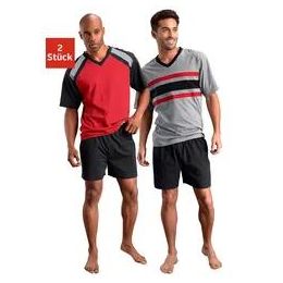 Pyjama Le Jogger, Herren, Gr. 56/58 (XL), schwarz (rot, schwarz, grau, schwarz), Jersey, Obermaterial: 100% Baumwolle, unifarben, Basic, bequem kurz, V-Ausschnitt, abgesteppte Kante, Homewear-Sets Pyjama, Schlafanzug mit kontrastfarbigen Eins&auml;tzen