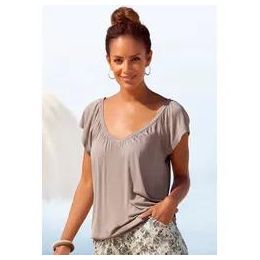 V-Shirt Lascana, Damen, Gr. 52/54, grau (taupe), Jersey, Obermaterial: 100% Viskose, figurumspielend h&uuml;ftlang, tiefer V-Ausschnitt, Shirts, mit breitem Gummizugbund, T-Shirt mit V-Ausschnitt, Basic