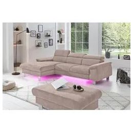 Ecksofa COTTA "Komaris L-Form, B: 244 cm", braun (mud), B:244cm H:72cm T:166cm, Microfaser PRIMABELLE (100% Polyester);Kunstleder SOFTLUX(100%Polyurethan);Feinstruktur (100% Polyester);Kunstleder SOFTLUX/Struktur (100%Polyurethan, 90%Polyester, 10% Polyacryl), Sofas, Ecksofa, mit Kopfteilverstellung, optional Bettfunktion, Bettkasten & Licht, Topseller