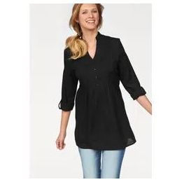 Longbluse Aniston CASUAL, Damen, Gr. 40, schwarz, Web, Obermaterial: 100% Baumwolle, unifarben, figurumspielend ca. Mitte Oberschenkel, Rundhals, 1-Knopf-Manschette krempelbar, Blusen Longbluse, mit dekorativer Biesenverarbeitung, Topseller