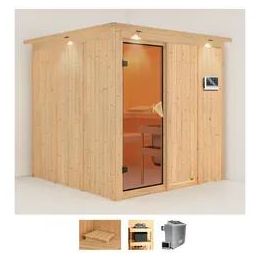Sauna Karibu "Rodin", beige (naturbelassen), Bio-Kombiofen, externe Steuerung, 9 kW, Saunen, Ofen 9 kW Bio externe Strg easy