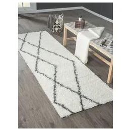 Hochflor-L&auml;ufer "My Shaggy Raute", beige (creme, dunkelgrau), B:80cm H:37mm L:250cm, Polypropylen (PP), MyFlair M&Ouml;BEL & ACCESSOIRES, Teppiche, Shaggy, Scandi Rauten Design, leicht gl&auml;nzend, extra flauschig