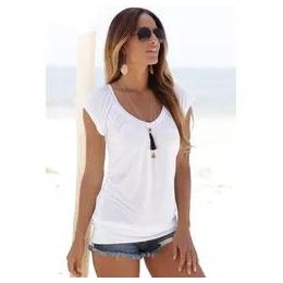 V-Shirt Lascana, Damen, Gr. 40/42, wei&szlig;, Jersey, Obermaterial: 100% Viskose, figurumspielend h&uuml;ftlang, tiefer V-Ausschnitt, Shirts, mit breitem Gummizugbund, T-Shirt mit V-Ausschnitt, Basic, Topseller