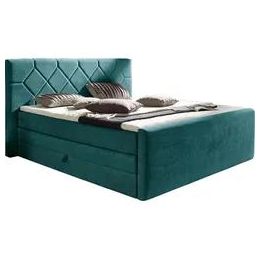 Boxspringbett Home Affaire "Atlanta", blau (ocean), B:180cm L:221cm, Kunststoff, Massivholz, Stoff, Komplettbetten, Boxspringbett, inklusive Topper und Bettkasten