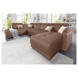Wohnlandschaft DOMO collection "Ava moderne Sitzheftung mit toller Doppelnaht, komfortabel, U-Form", braun (espresso), B:351cm H:84cm T:222cm, Zierkissen: Microfaser PRIMABELLE (100% Polyester);Struktur (100% Polyester);Microfaser PRIMABELLE (100% Polyester);Kunstleder SOFTLUX;Struktur fein (100% Polyester), Sofas, Wohnlandschaft, mit Federkern, wahlweise mit Kopfteilverstellungen