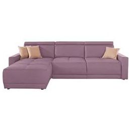 Ecksofa DOMO collection "Ava mit moderner Sitzheftung & toller Doppelnaht, komfortabel, L-Form", lila (flieder), B:262cm H:84cm T:167cm, Kunstleder SOFTLUX;Struktur fein (100% Polyester);Zierkissen: Microfaser PRIMABELLE (100% Polyester);Struktur (100% Polyester);Microfaser PRIMABELLE (100% Polyester), Sofas, Ecksofa, mit Recamiere, inkl. Federkern, wahlweise mit Kopfteilverstellungen