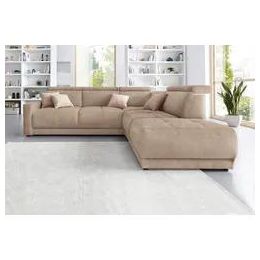 Ecksofa DOMO collection "Ava, moderne Sitzheftung mit toller Doppelnaht, komfortabel, L-Form", beige (natur), B:266cm H:84cm T:99cm, Kunstleder SOFTLUX;Struktur fein (100% Polyester);Zierkissen: Microfaser PRIMABELLE (100% Polyester);Struktur (100% Polyester);Microfaser PRIMABELLE (100% Polyester), Sofas, Ecksofa, mit Ottomane, inkl. Federkern, wahlweise mit Kopfteilverstellungen