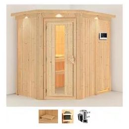 Sauna Karibu "Swantje", beige (naturbelassen), Bio-Kombiofen, externe Steuerung, 3,6 kW, Saunen, Ofen 3,6 kW Bio-Ofen externe Strg. easy