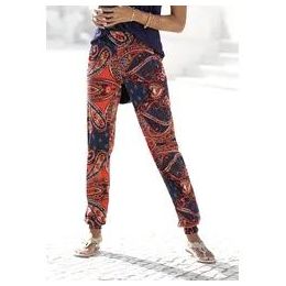 Strandhose Lascana, Damen, Gr. 38, N-Gr, blau (marine, rot), Jersey, Obermaterial: 100% Viskose, bedruckt, figurumspielend lang, Hosen Strandhose, mit Paisleyprint und Taschen, leichte Jerseyhose, elastisch