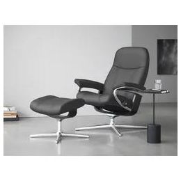 Relaxsessel stressless "Consul", grau (grau batick), B:91cm H:102cm T:79cm, Leder BATICK: BATICK ist ein leicht korrigiertes, durchgef&auml;rbtes und genarbtes M&ouml;belleder, bei dem die meisten Unebenheiten und Spuren in der Regel entfernt wurden., Sessel, Relaxsessel, mit Hocker, mit Cross Base, Gr&ouml;&szlig;e S, M & L, Holzakzent Schwarz