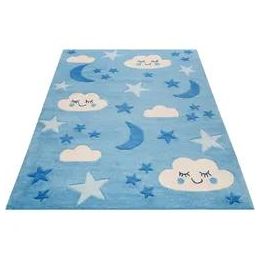 Kinderteppich Smart Kids "LaLeLu" Gr. 31, blau, B:130cm H:9mm L:190cm, Kunstfaser, Teppiche, Kinderteppich, Mond Sterne Wolken, Konturenschnitt